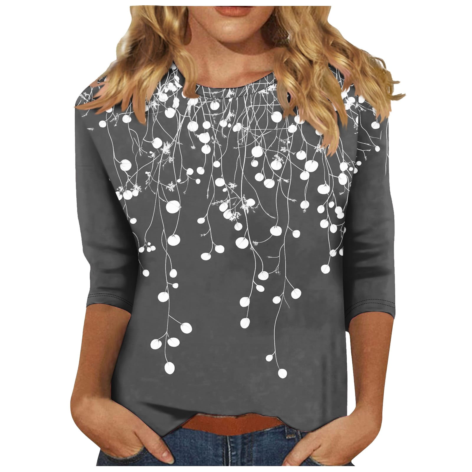 CYMMPU Spring Tops Round Neck Floral Pattern Loose Fit Summer Trendy ...