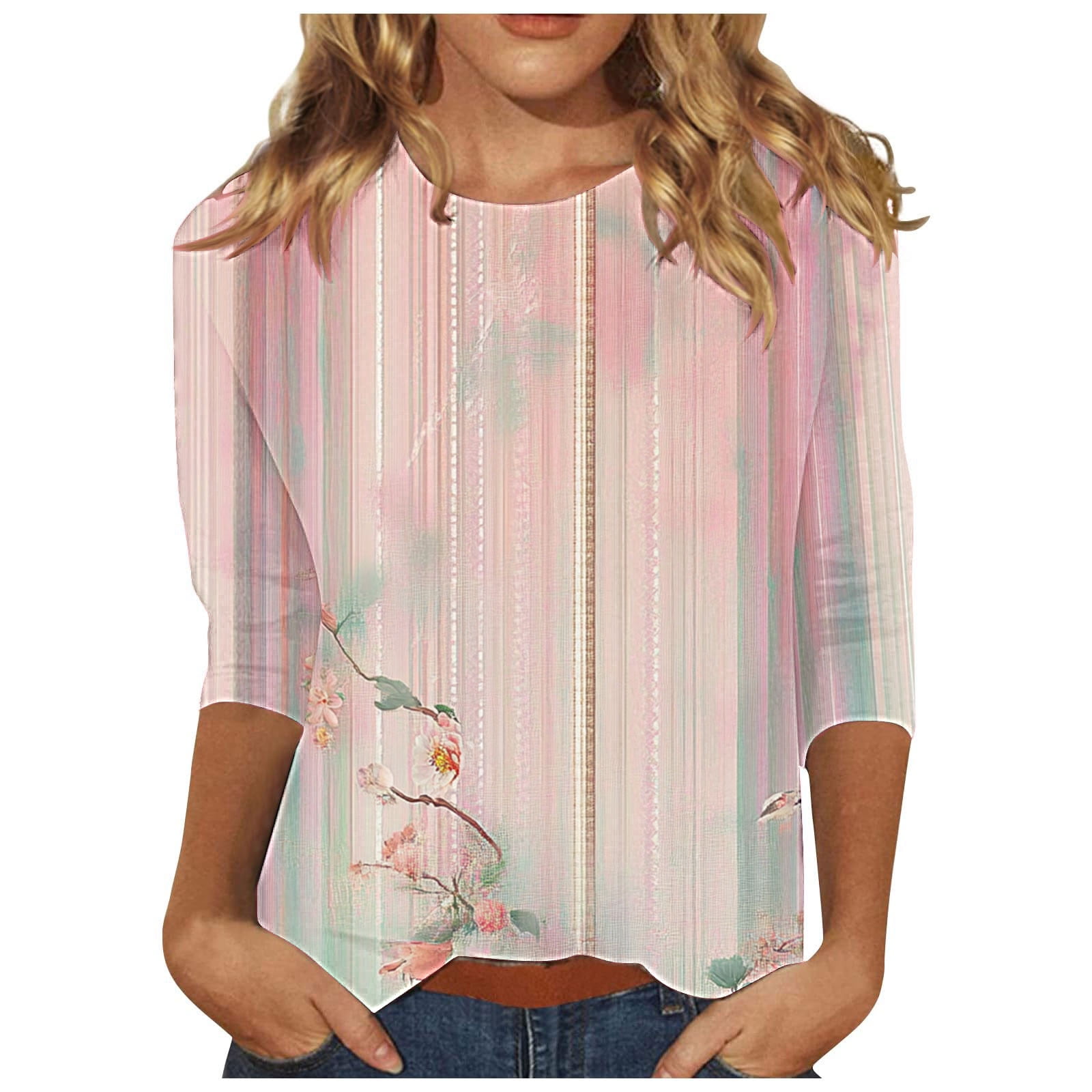 CYMMPU Spring Tops Round Neck Flower Pattern Tunic Tops 3/4 Sleeve ...