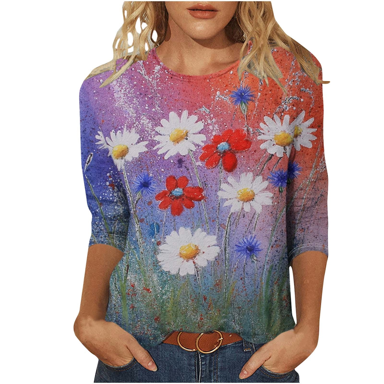 CYMMPU Spring Tops Round Neck Loose Fit 3/4 Sleeve Fall Fashion Shirts ...
