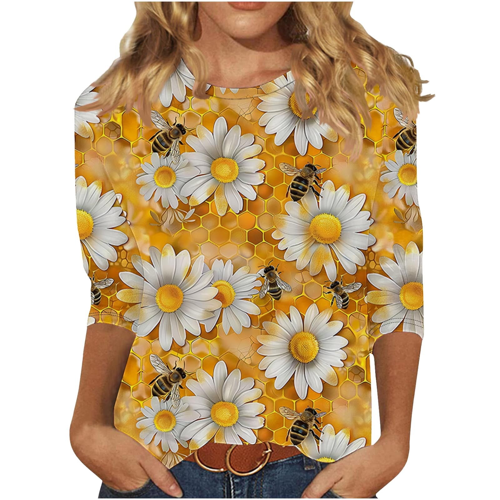 CYMMPU Spring Tops Round Neck Loose Fit Bee Graphic 3/4 Sleeve Tunic ...