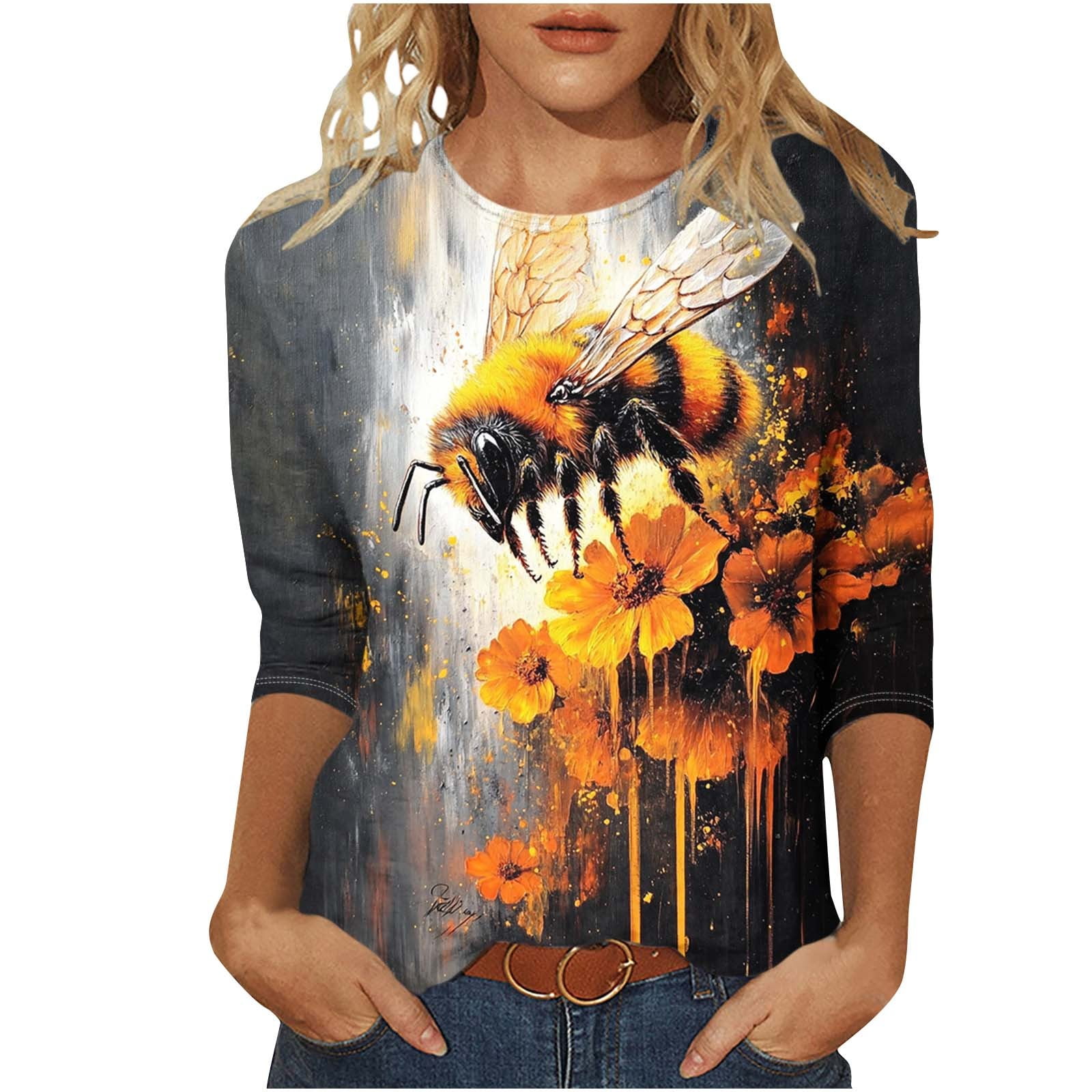 CYMMPU Spring Tops Round Neck Tunic Tops Bee Graphic 3/4 Sleeve Loose ...