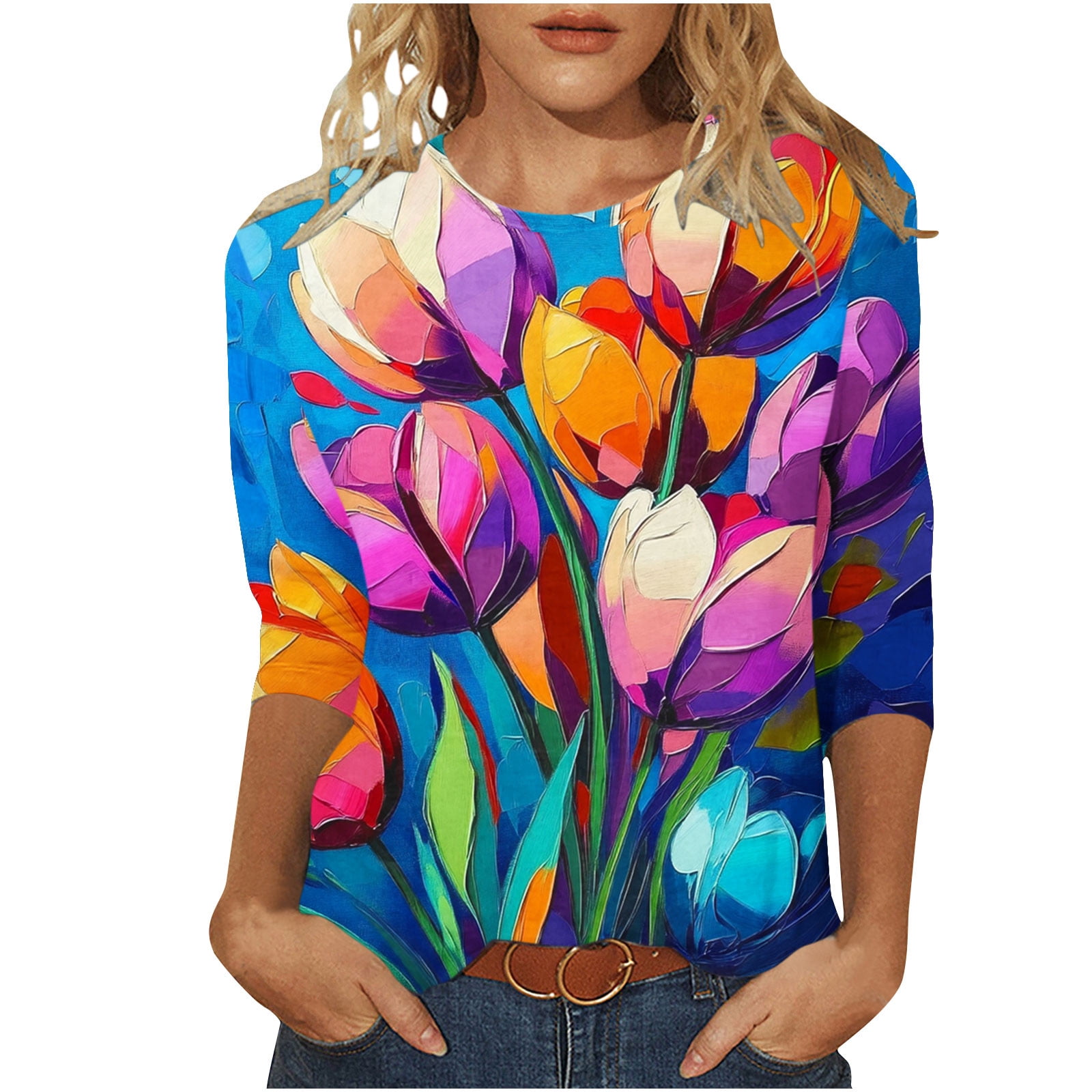 CYMMPU Summer Fashion Shirts 3/4 Sleeve Round Neck Spring Tops Floral ...