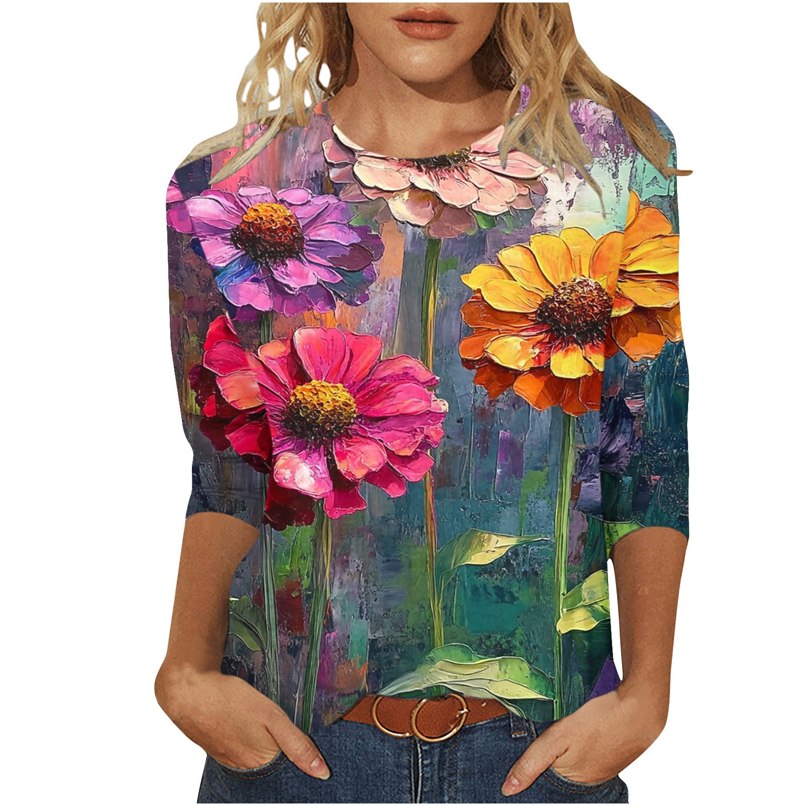CYMMPU Tunic Tops 3/4 Sleeve Crew Neck Flower Printed Loose Fit Fall ...