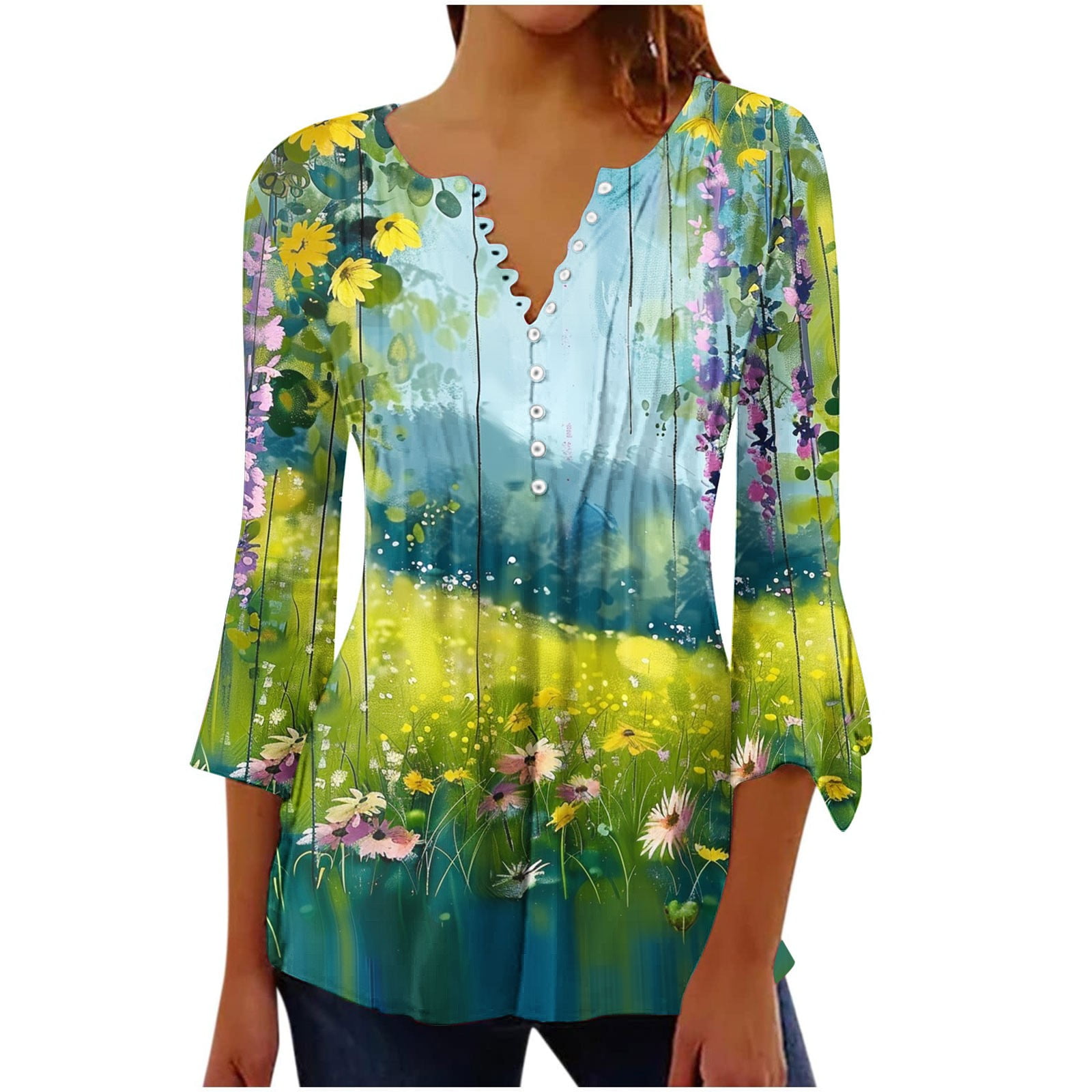 CYMMPU Tunic Tops 3/4 Sleeve Floral Pattern Button V Neck Flare Sleeve ...