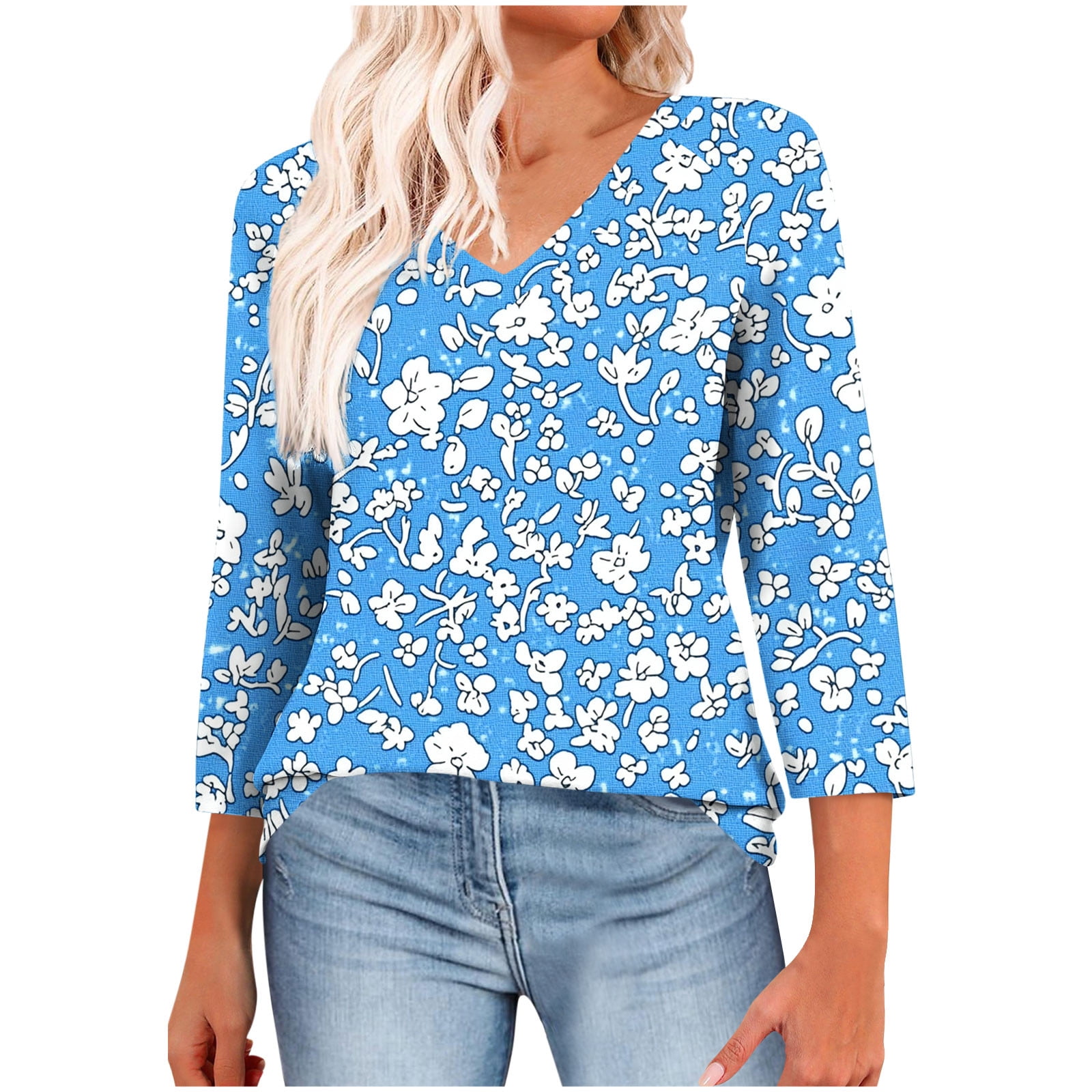 CYMMPU Women's Casual Floral Printed 3/4 Length Sleeve Trendy Tunic ...