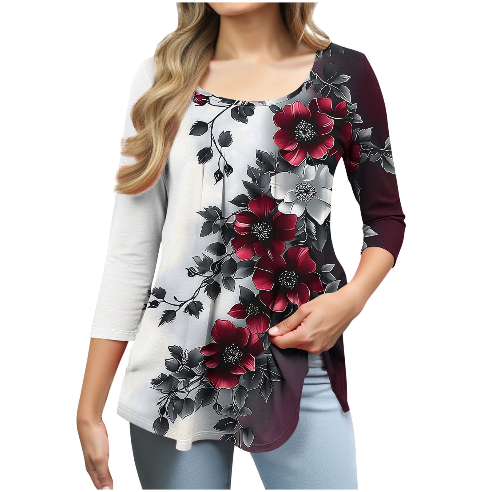CYMMPU Women's Casual Floral Printed 3/4 Length Sleeve Trendy Tunic ...