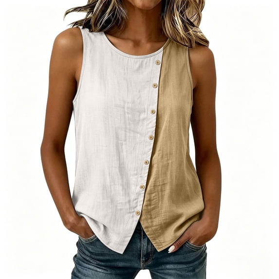 CYMMPU Women's Colorblock Button Tank, Sleeveless Linen Blend Blouse ...