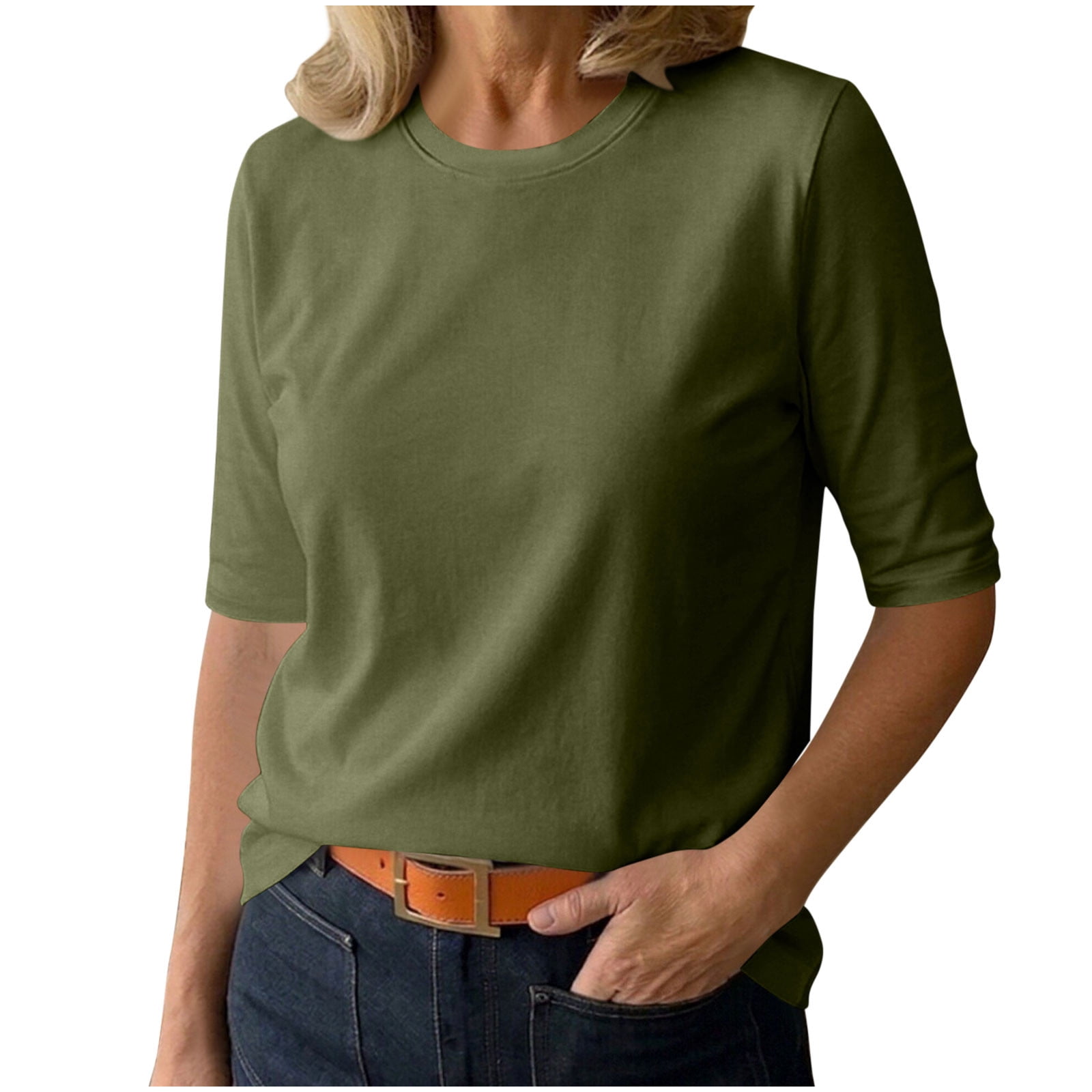 CYMMPU Women's Crew Neck Mid-Length Sleeve T-Shirt, Solid Color Semi ...