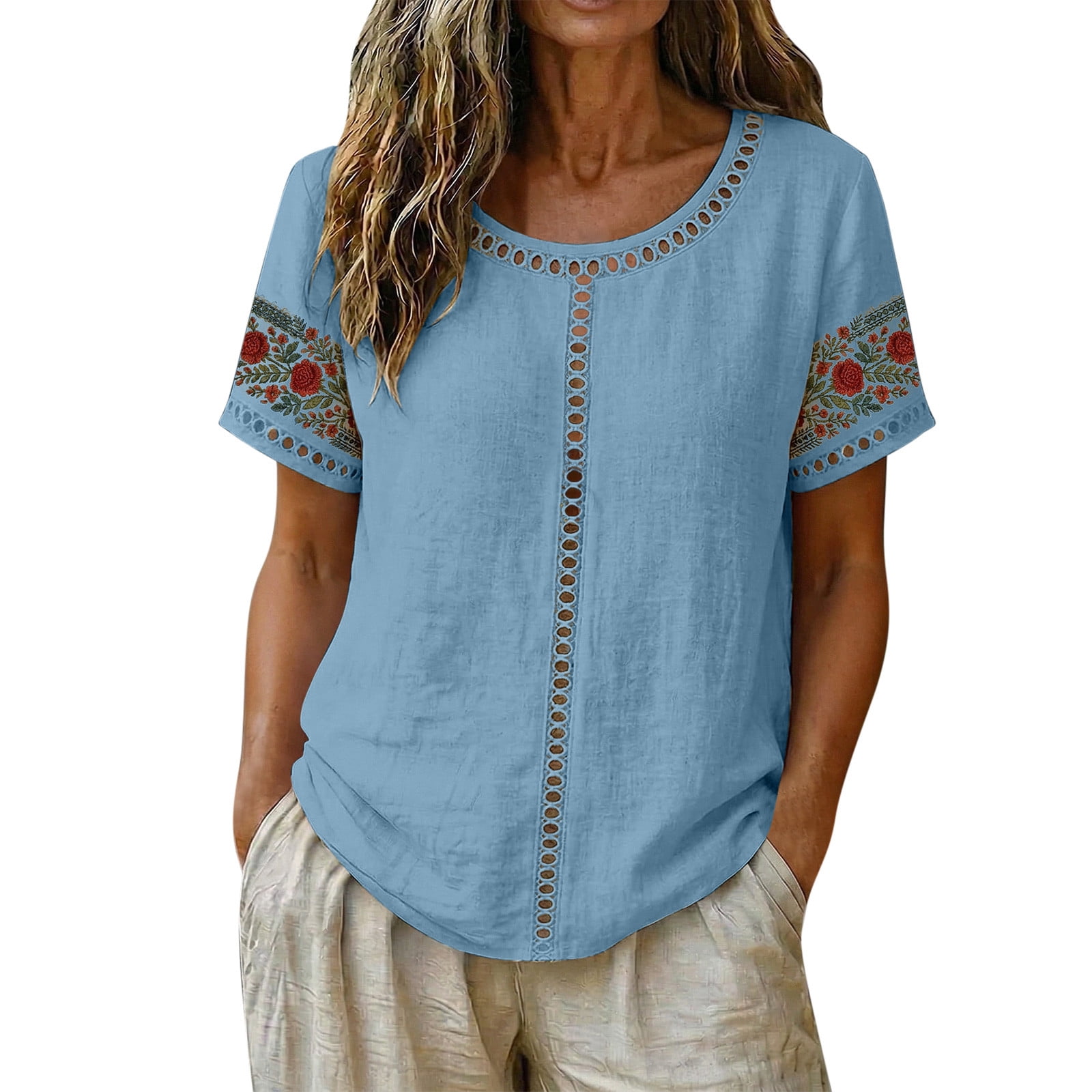 CYMMPU Women's Crew Neck Top with Floral Embroidery & Lace Details ...