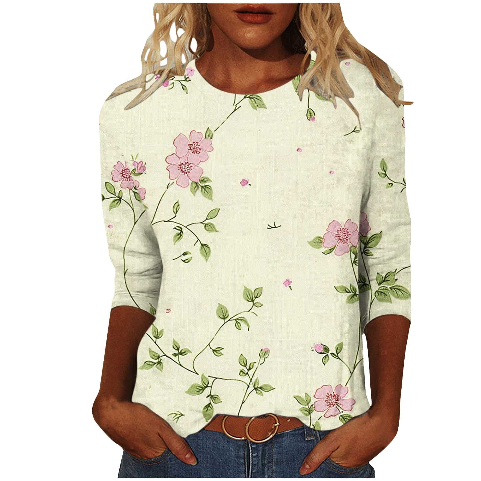 CYMMPU Women's Crewneck Floral Printed 3/4 Length Sleeve Business Work ...