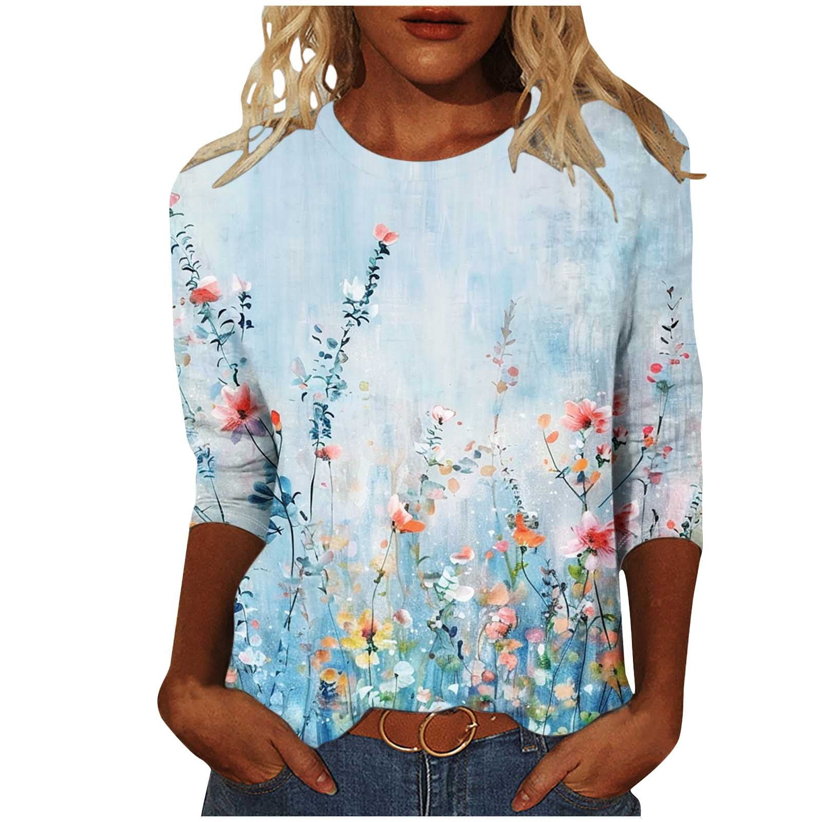 CYMMPU Women's Floral Printed 3/4 Length Sleeve Summer Fall Basic Tees ...