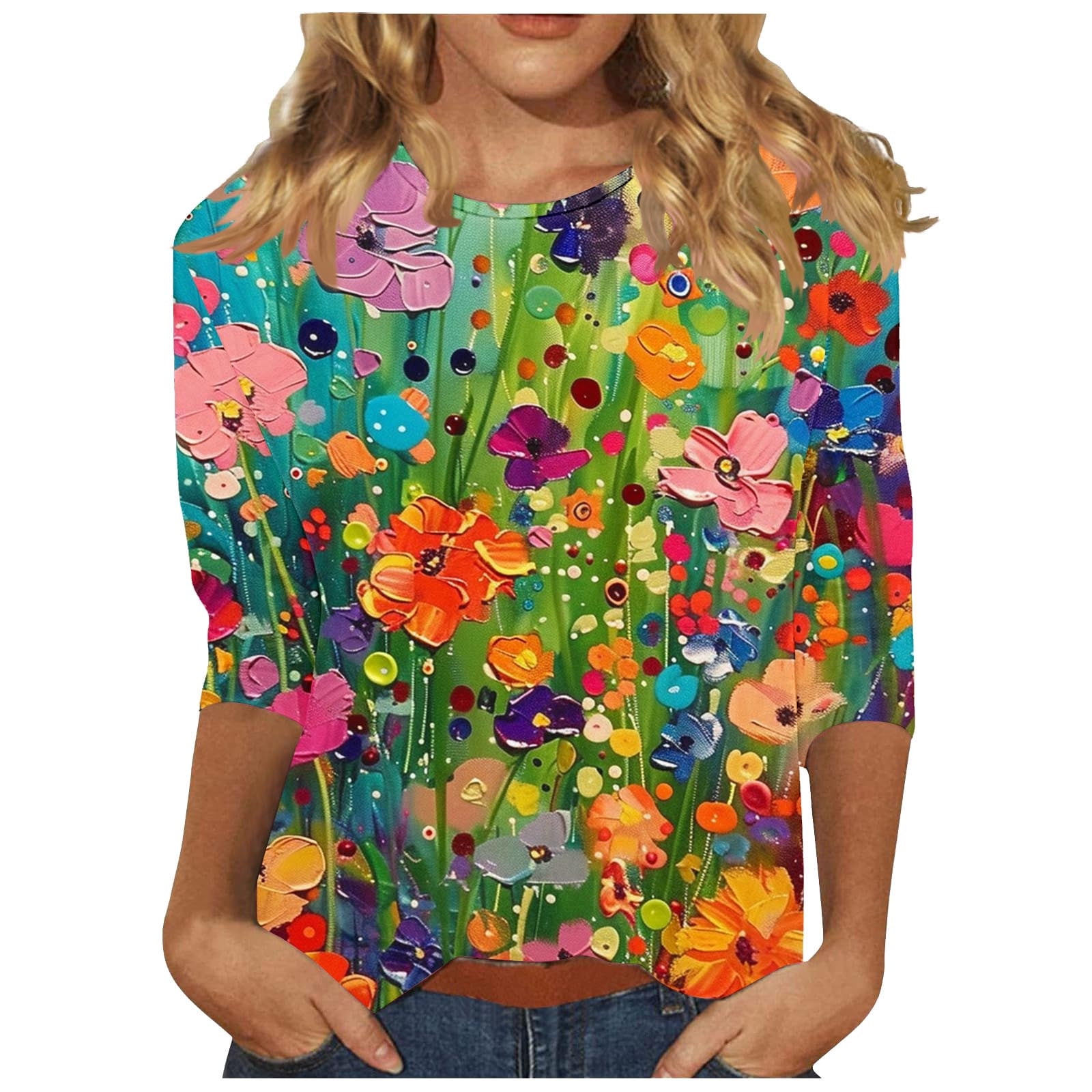 CYMMPU Women's Floral Printed 3/4 Length Sleeve Summer Fall Crewneck ...