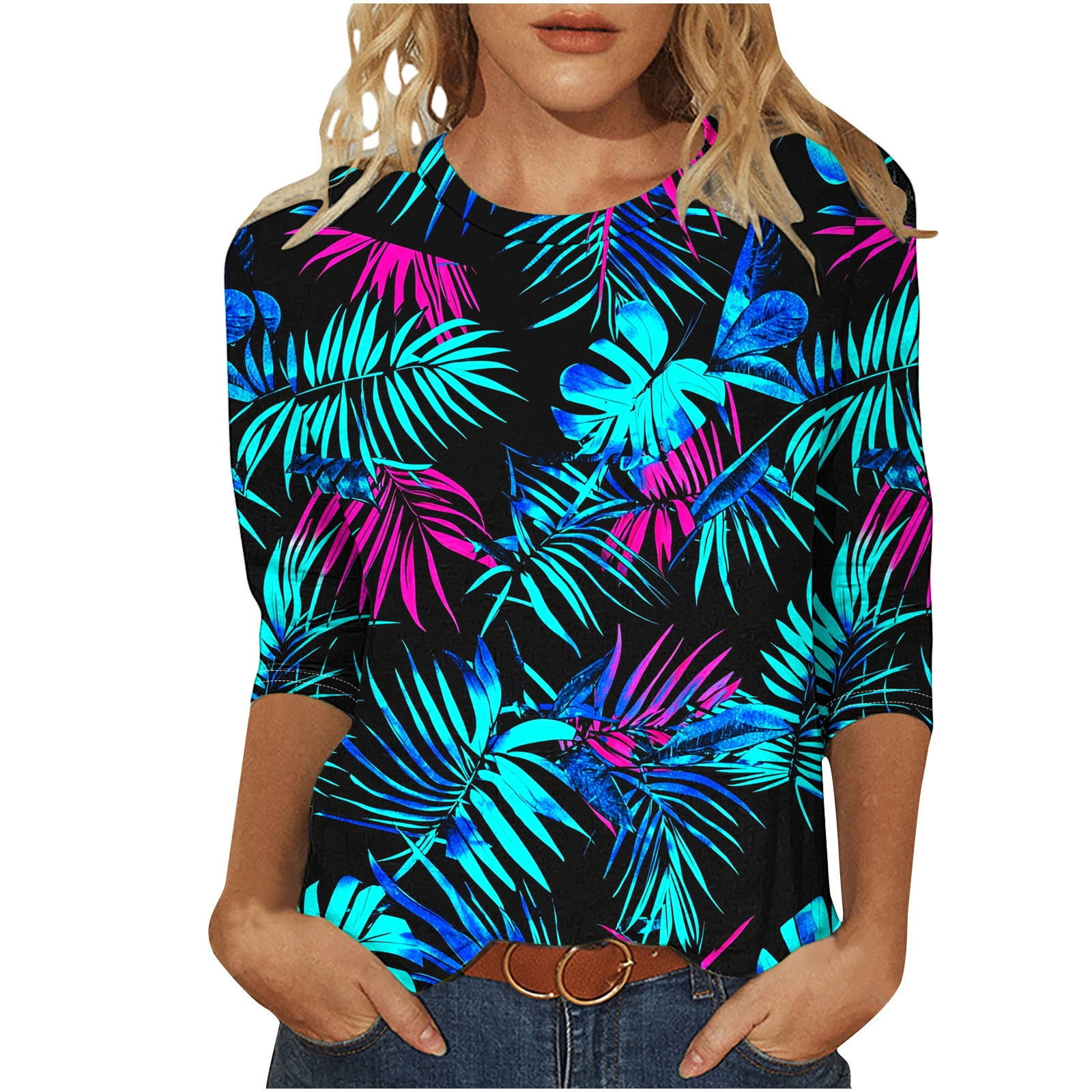 CYMMPU Women's Floral Printed Flowy Blouse 3/4 Length Sleeve Summer ...