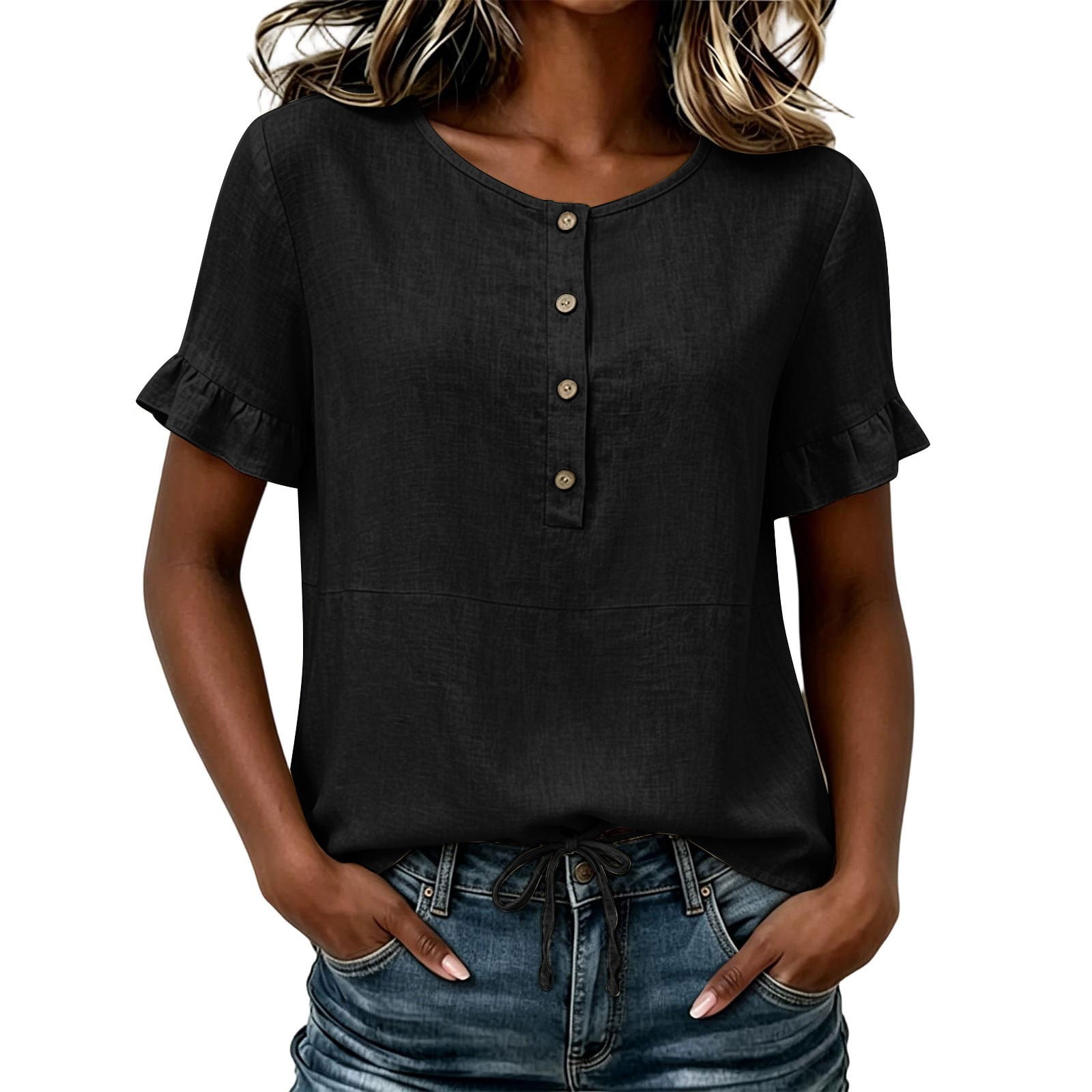 CYMMPU Women's Henley Neck Linen T-Shirt, Short Sleeve with Ruffle ...