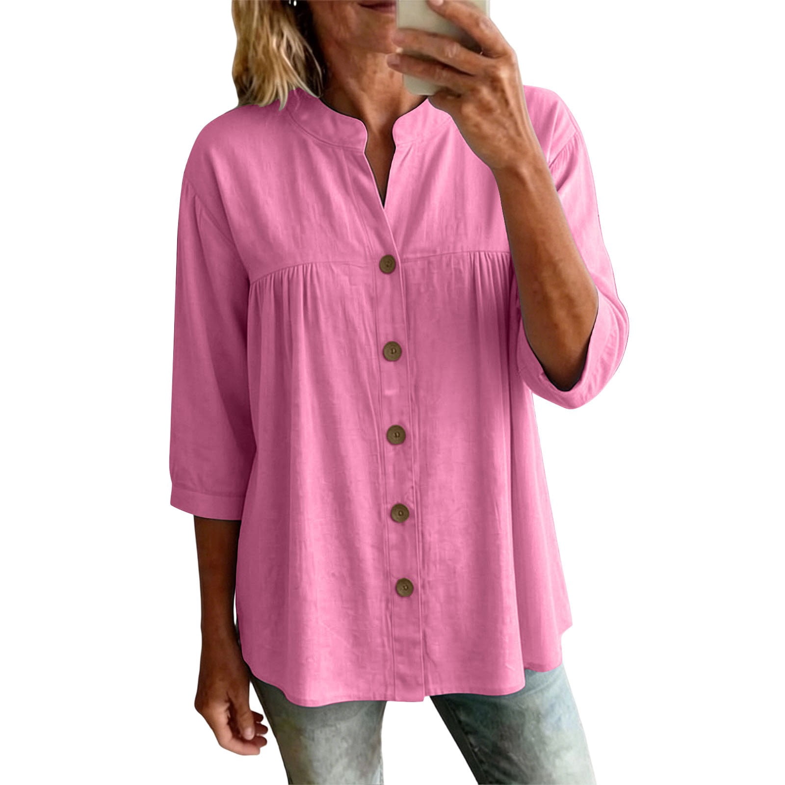 CYMMPU Women's Mandarin Collar Button-Down Blouse, 3/4 Sleeve Peplum ...