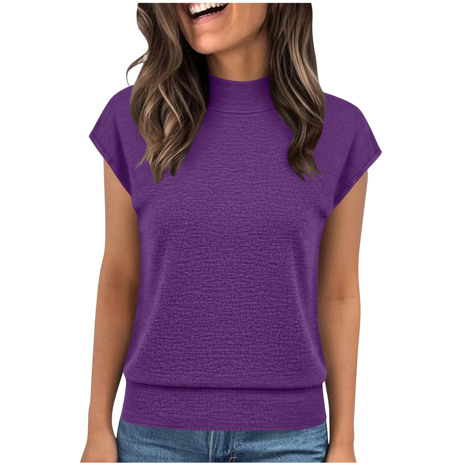 CYMMPU Women's Mock Neck Short Sleeve Top with Cinched Hem, Solid Color ...