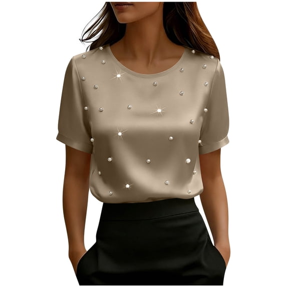 CYMMPU Women's Satin Blouse with Exquisite Pearl Embellishment, Short ...
