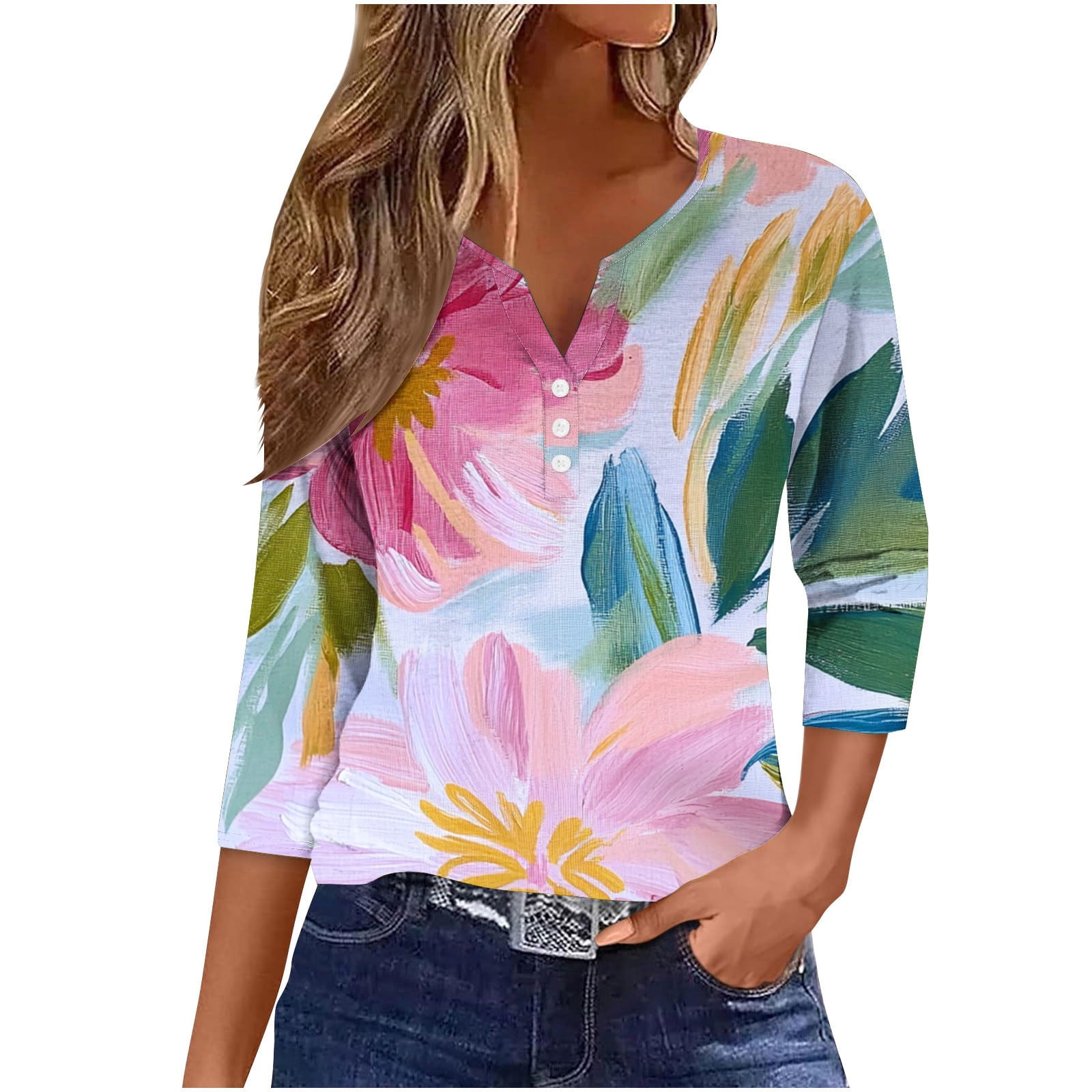 CYMMPU Women's Shirts Floral Printed Flowy Blouse 3/4 Length Sleeve ...