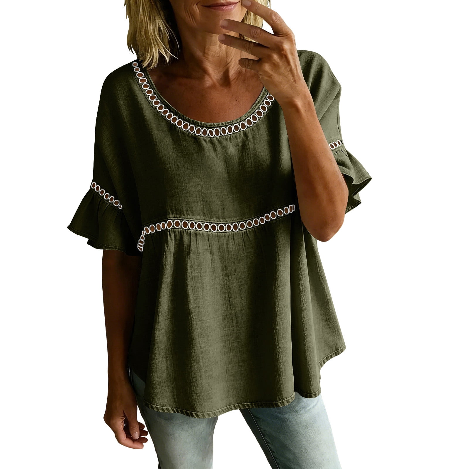 CYMMPU Women's Summer Casual Eyelet Lace Trim Tunic, Crew Neck Short ...
