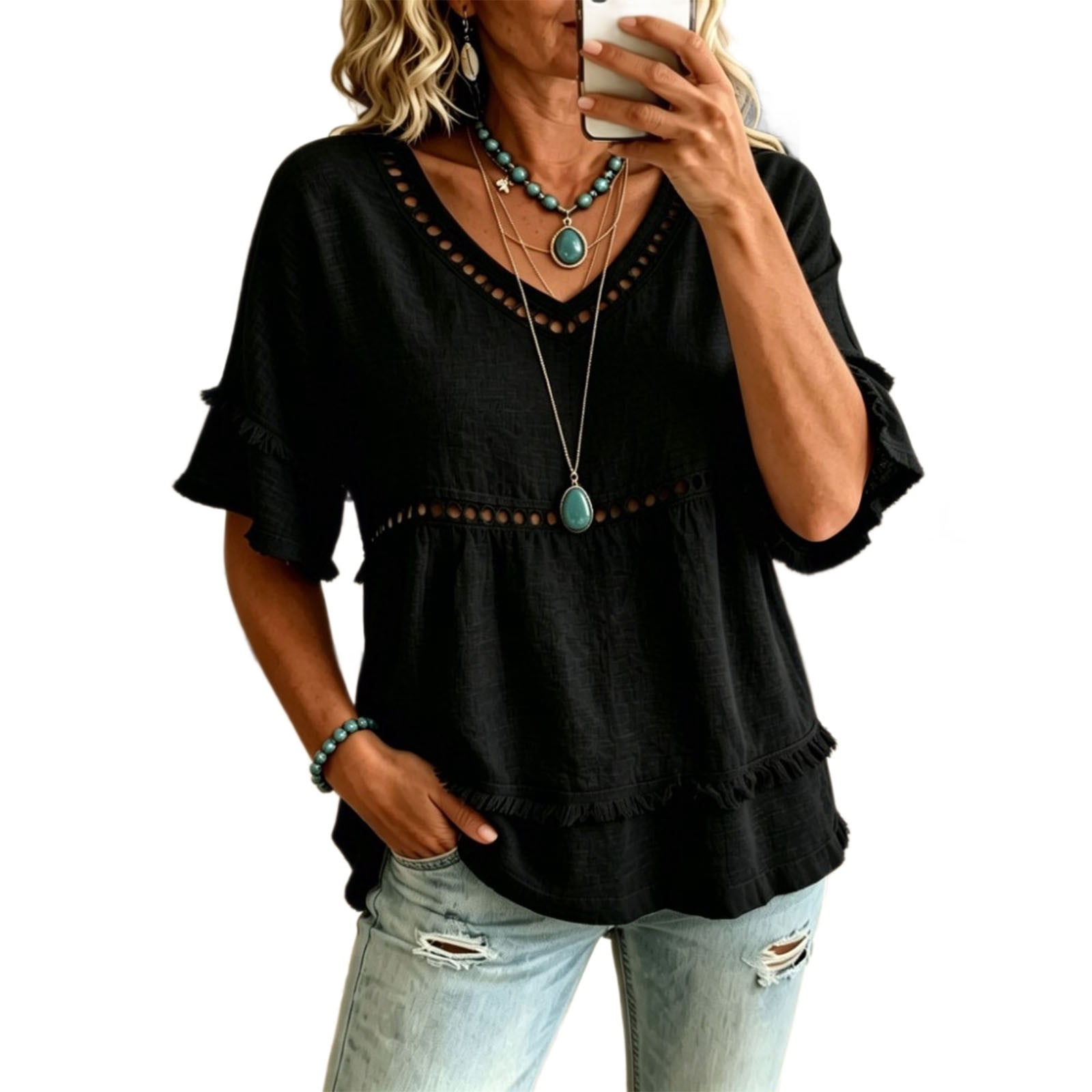 CYMMPU Women's Summer Eyelet Lace V-Neck Blouse, Short Sleeve with ...