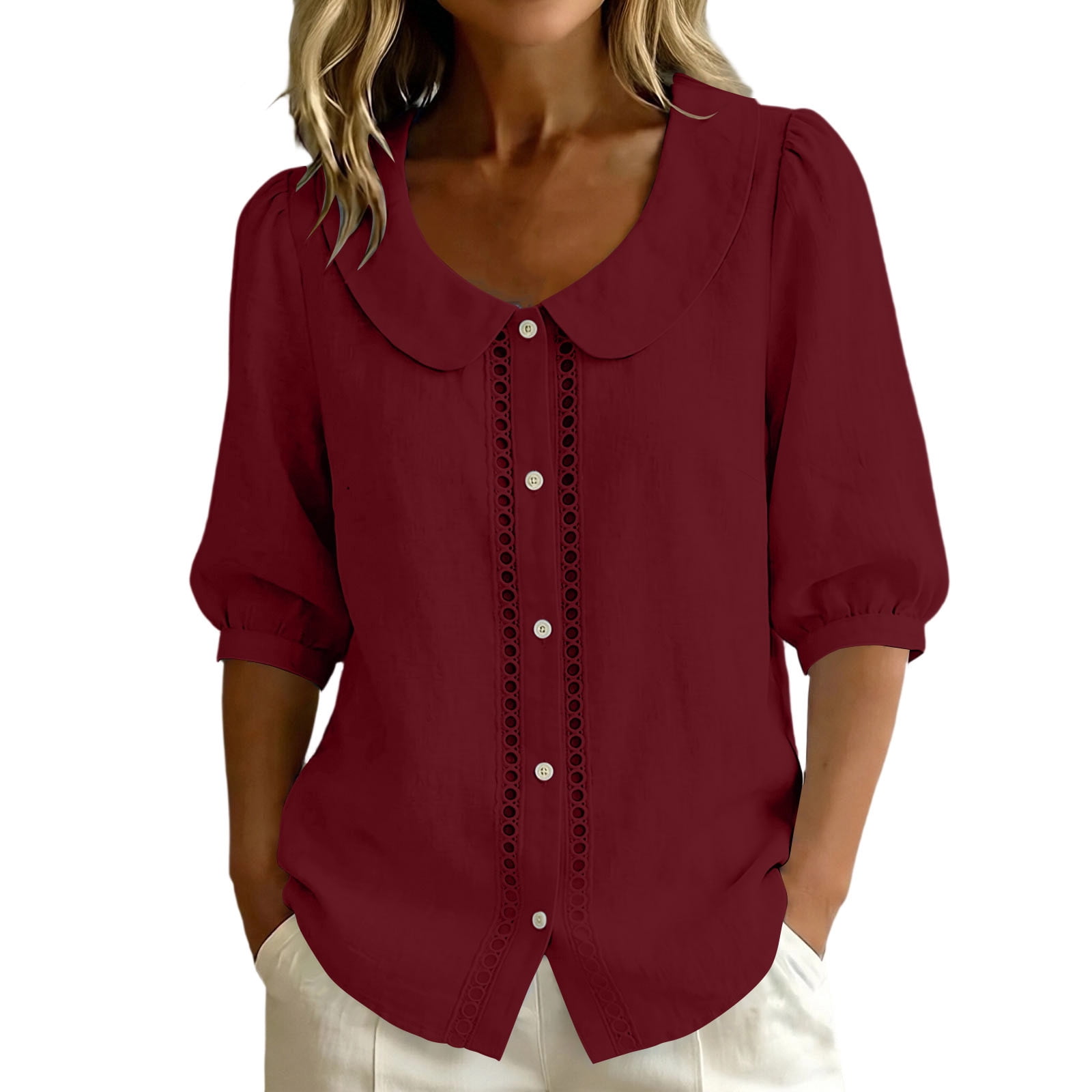 CYMMPU Women's Summer Linen Blend Blouse, Puff Sleeve with Eyelet Lace ...