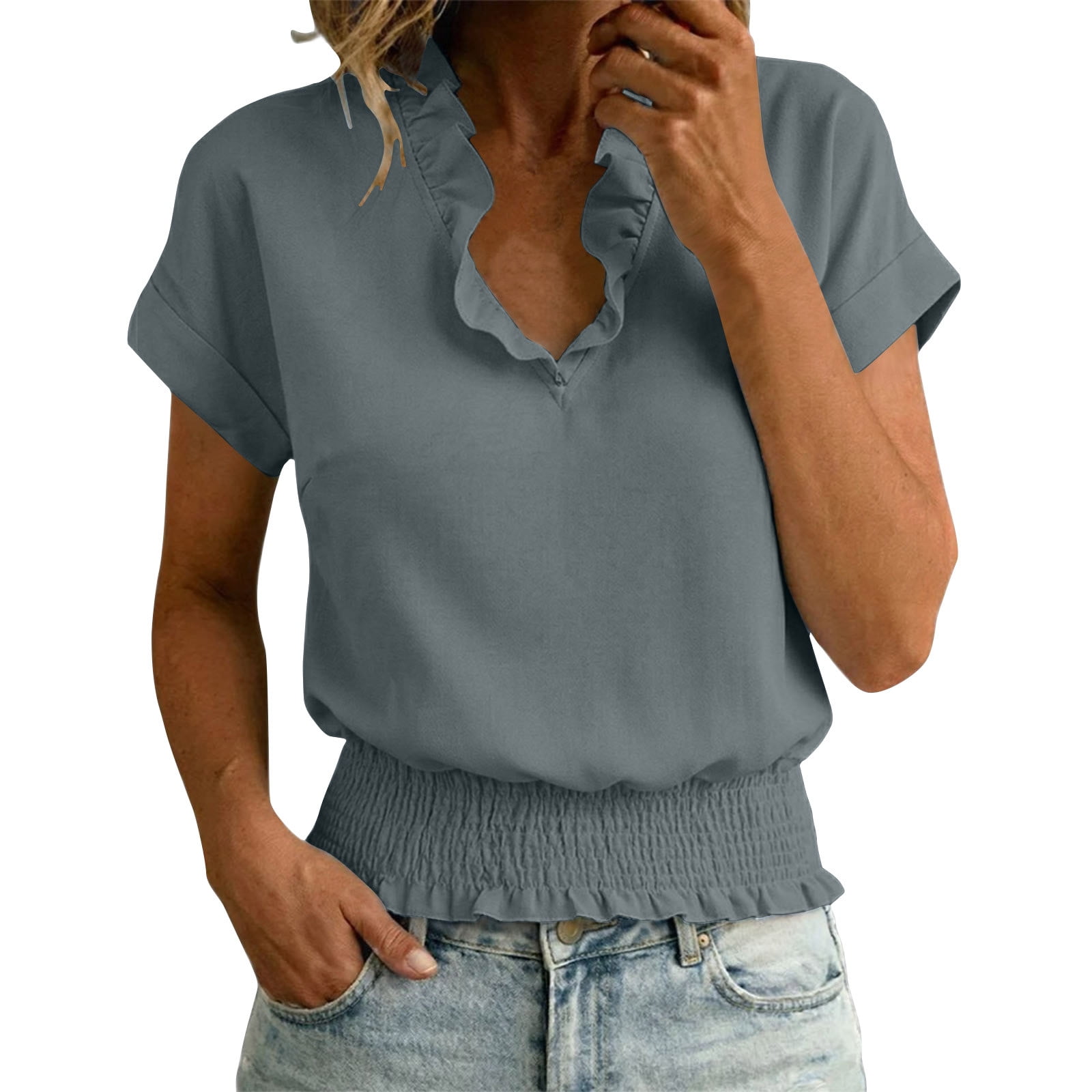 CYMMPU Women's Summer Smocked Waist Blouse, V-Neck with Ruffled Collar ...