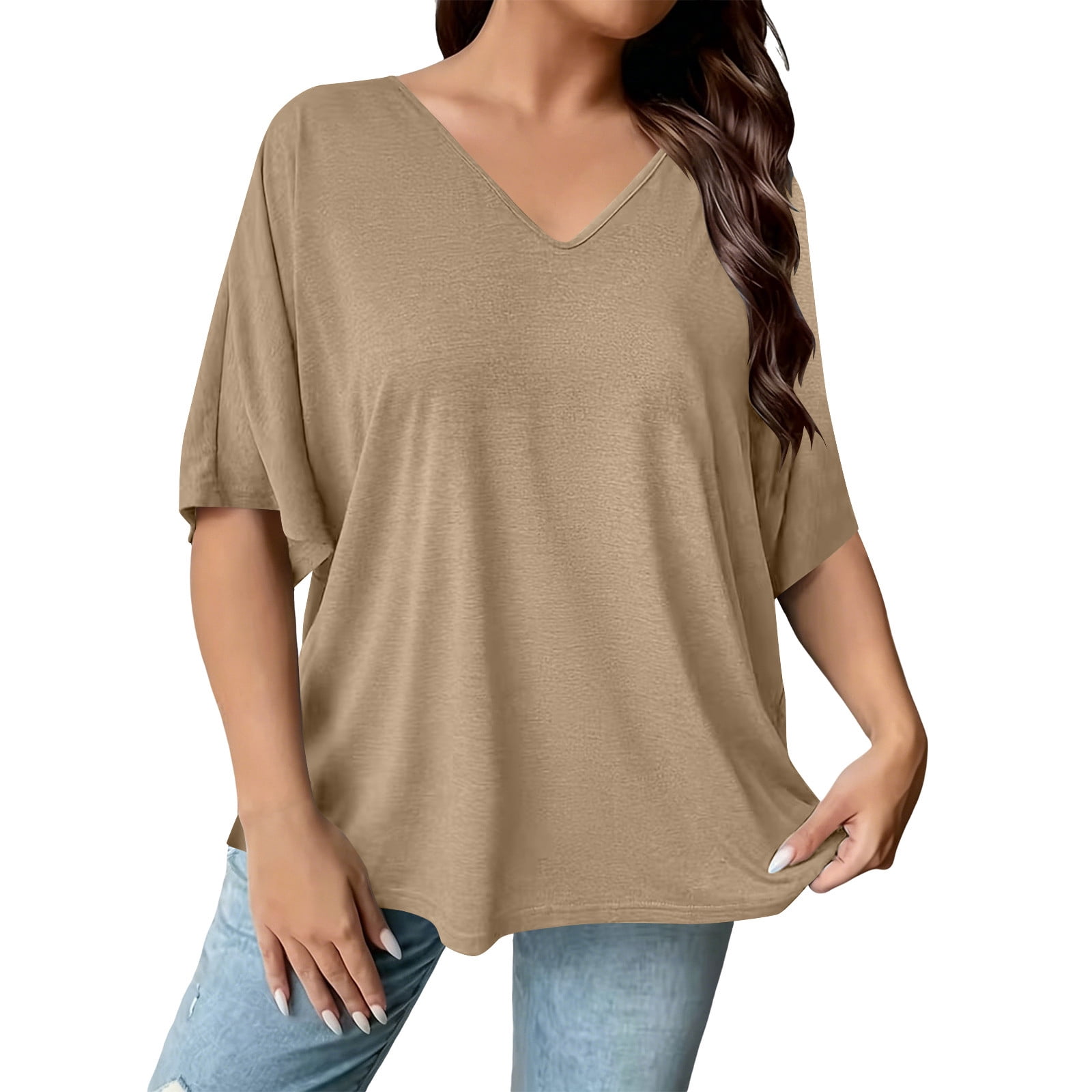 CYMMPU Women's V-Neck Dolman Sleeve Short Sleeve T-Shirt, Solid Color ...