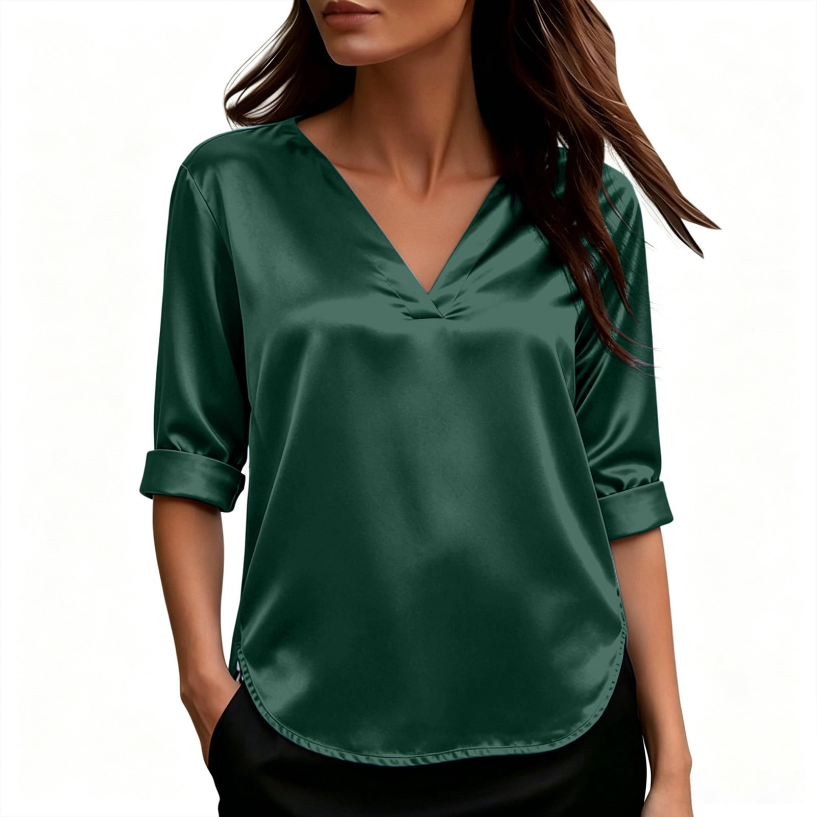 CYMMPU Women's V-Neck Premium Satin Blouse, 3/4 Sleeve Elegant Cut ...