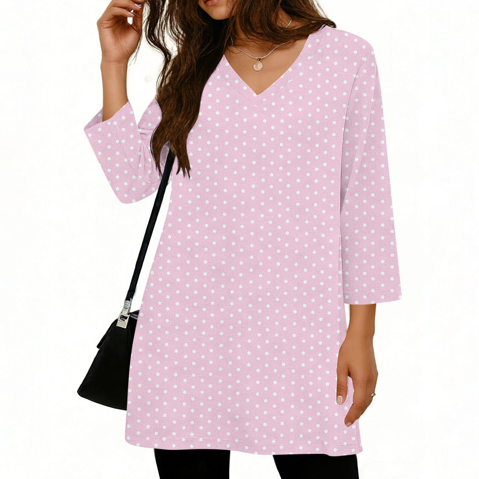 CYMMPU Womens 3/4 Sleeve V Neck Boho Pleated Blouses for Women Polka ...