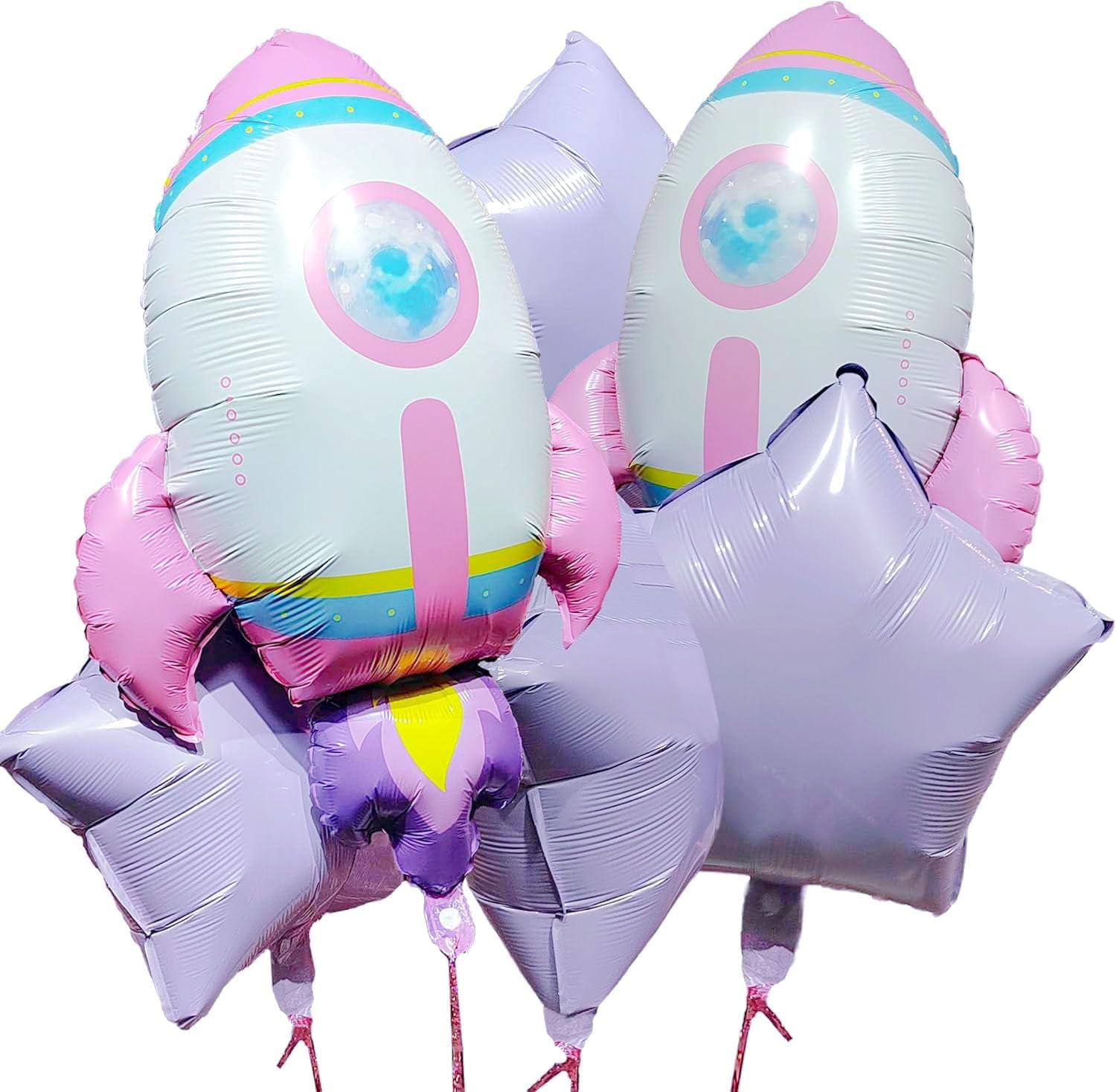 CYMYLAR 8pcs Pink Space Rocket Star Foil Balloon for Kids Birthday ...