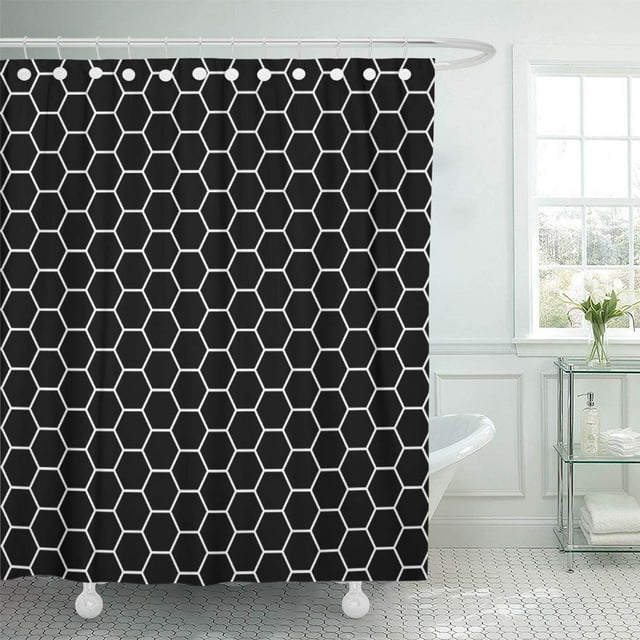 CYNLON Modern Black and White Geometric Hexagon Honeycomb Abstract Bathroom Decor Bath Shower ...