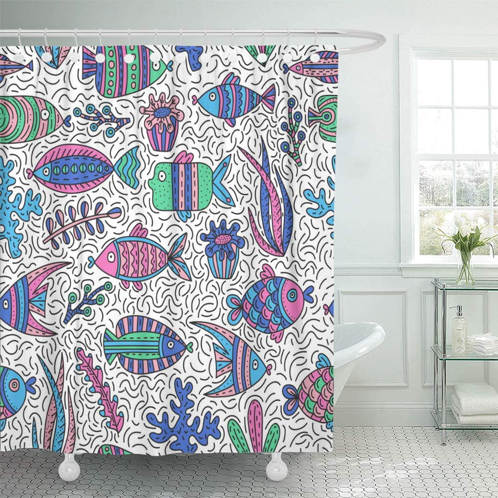 CYNLON Seamless Pattern Cute Fishes and Seaweeds in Doodle Style ...