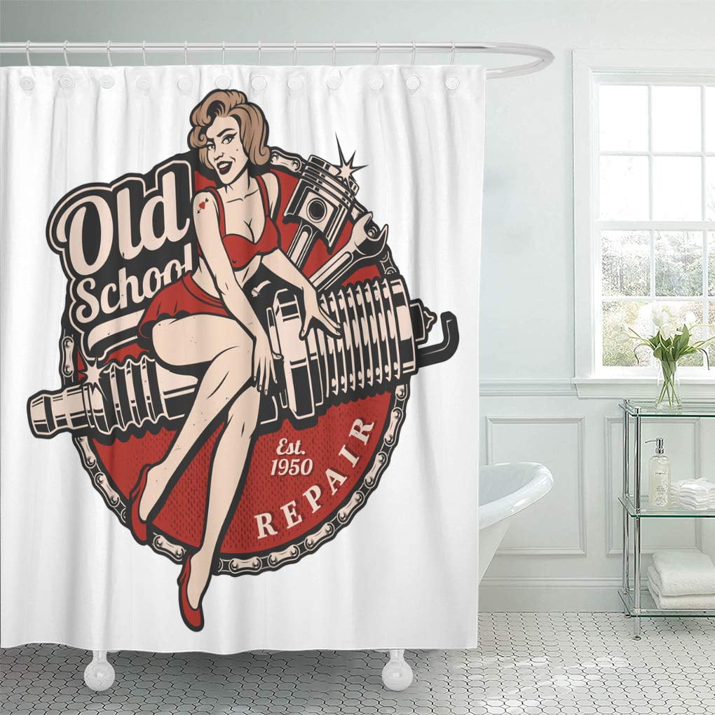 CYNLON Spark Plug Pin Up Girl Illustration Piston and Wrench Bathroom ...