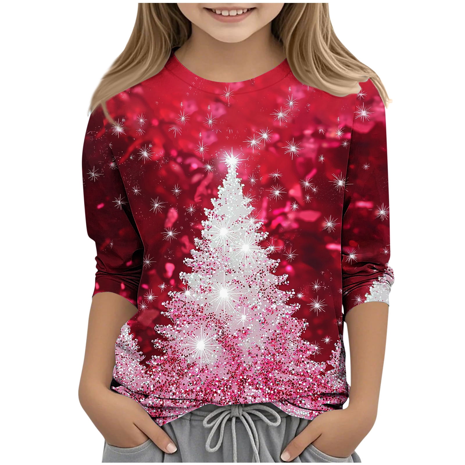 CYRBOKO Girls Christmas Tops, Crew neck 3/4 Sleeve Printed Comfortable ...