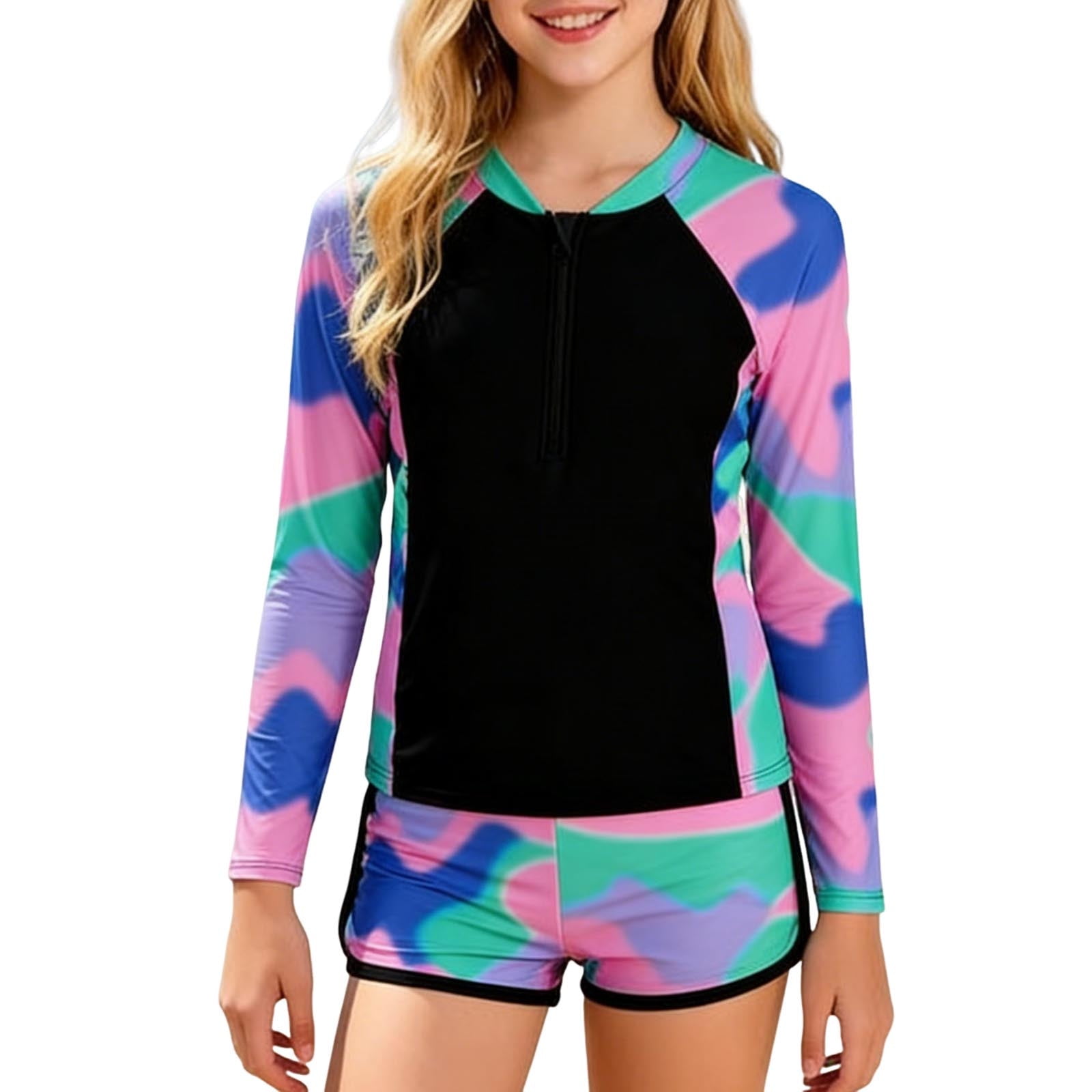 CYRBOKO Girls Swimwear Rush Guards, Long Sleeve Two Pieces Floral Print ...