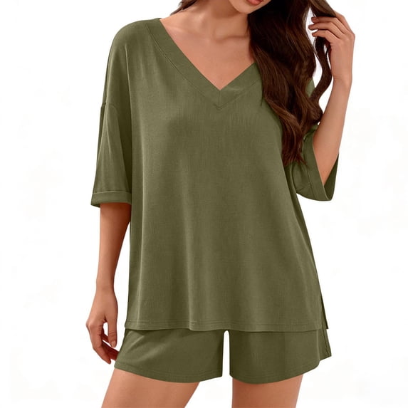 CYRBOKO Women Summer Outfit Sets, Soft Loungewear Elastic Waist V-neck ...
