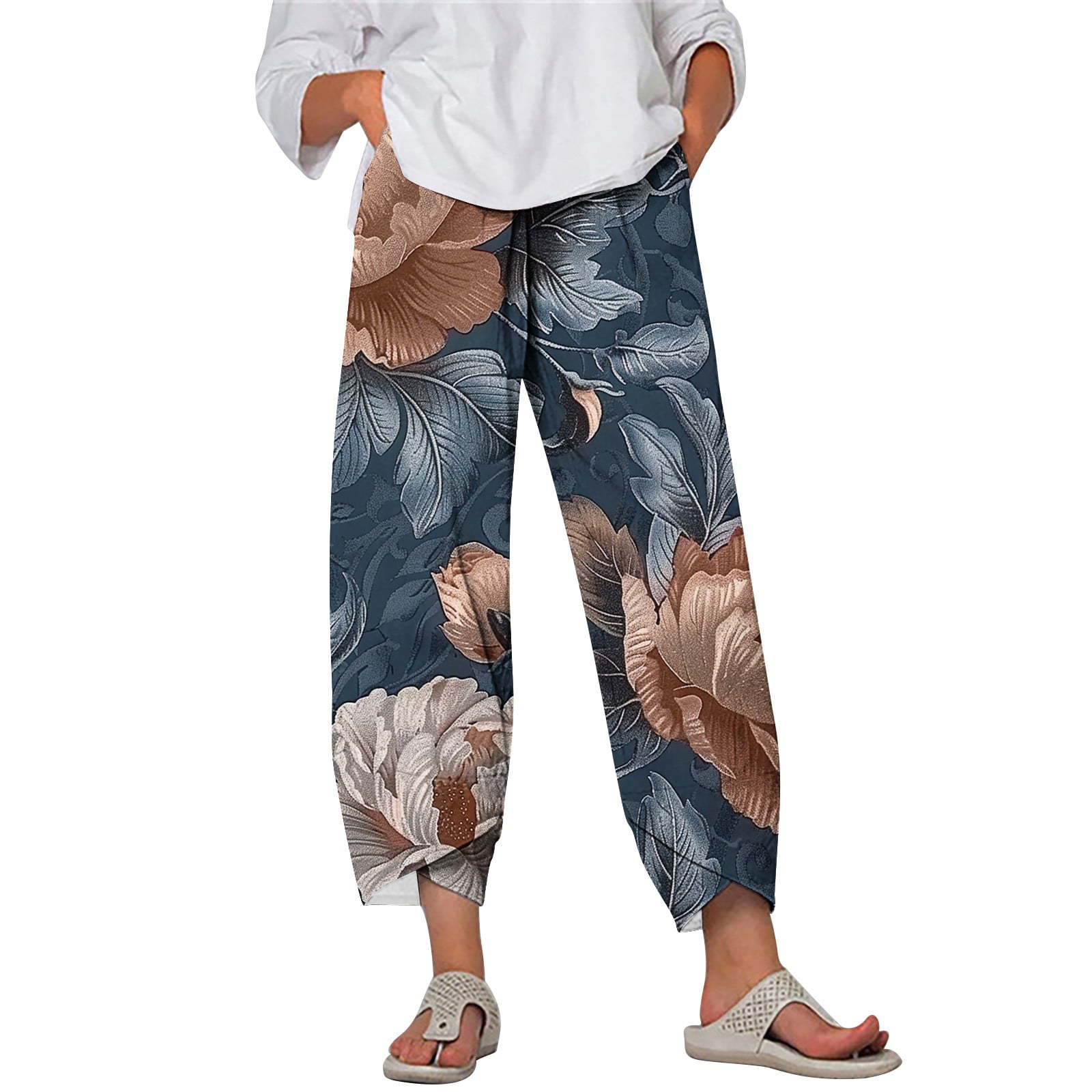 CYRBOKO Women's Capri Pants, Floral Print Breathable Elastic Waist Wide ...