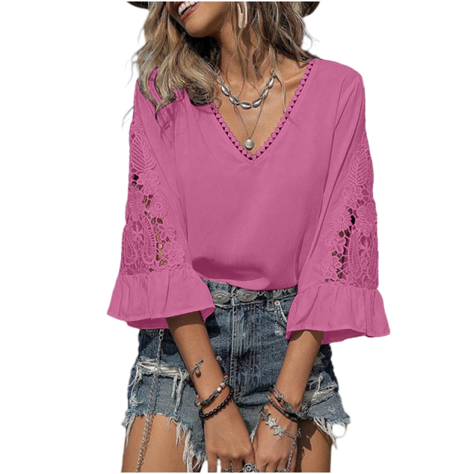 CYRBOKO Women's Lace Flare Sleeve Blouse, Casual Loose Fit 3/4 Sleeve V ...