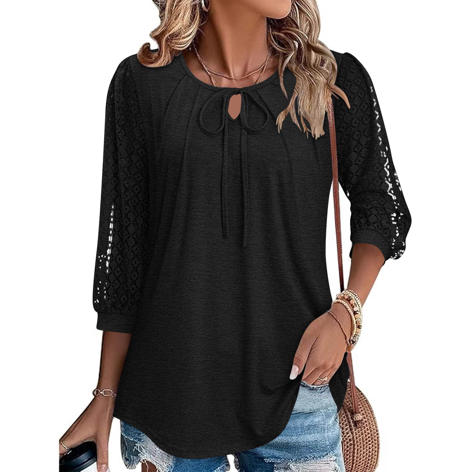 CYRBOKO Women's Tops Keyhole Tie Neck, Vacation Casual Lace 3/4 Sleeve ...