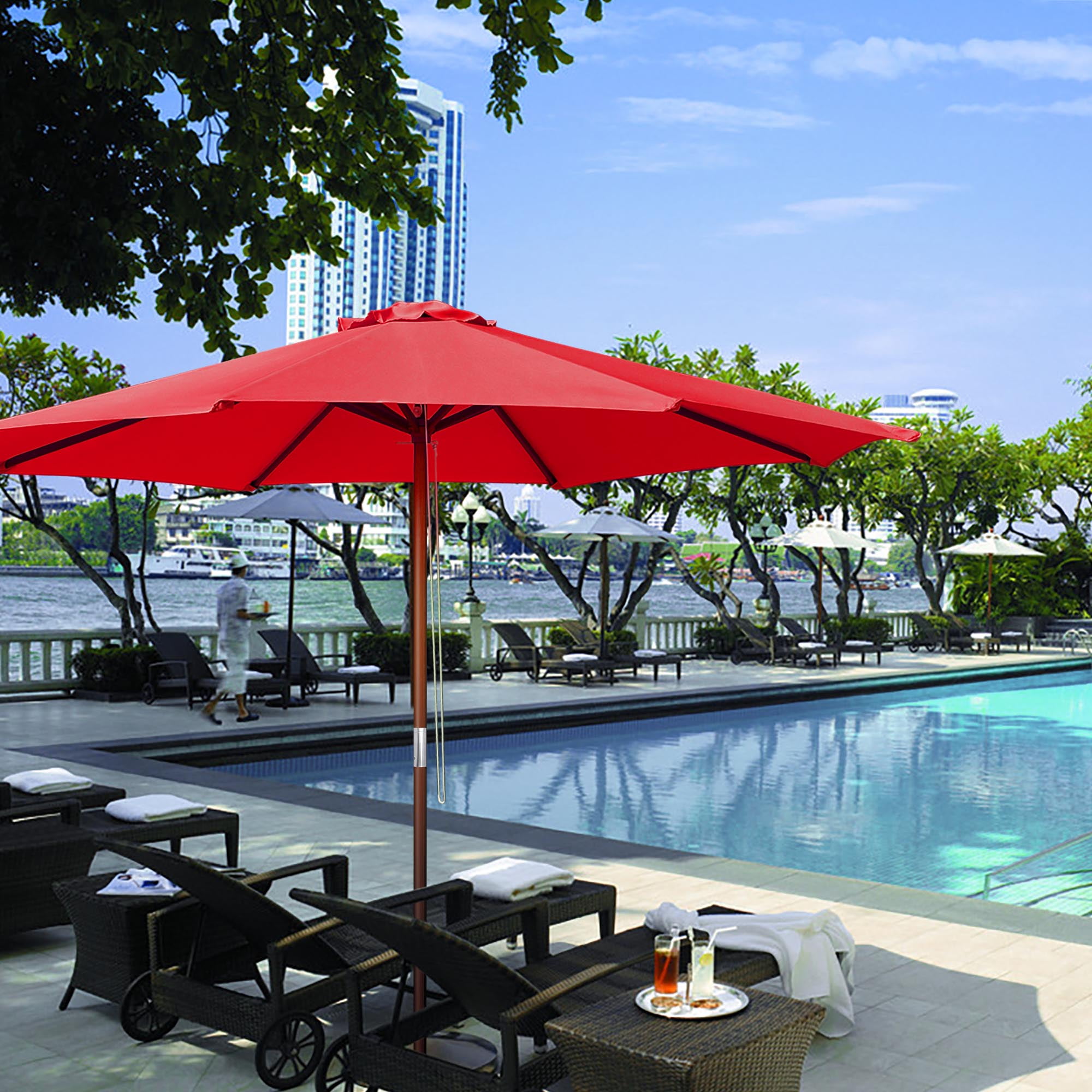 CYTROP 9' Wooden Patio Umbrella with Rope Pulley Lift, 8 Bamboo Ribs, 3 ...