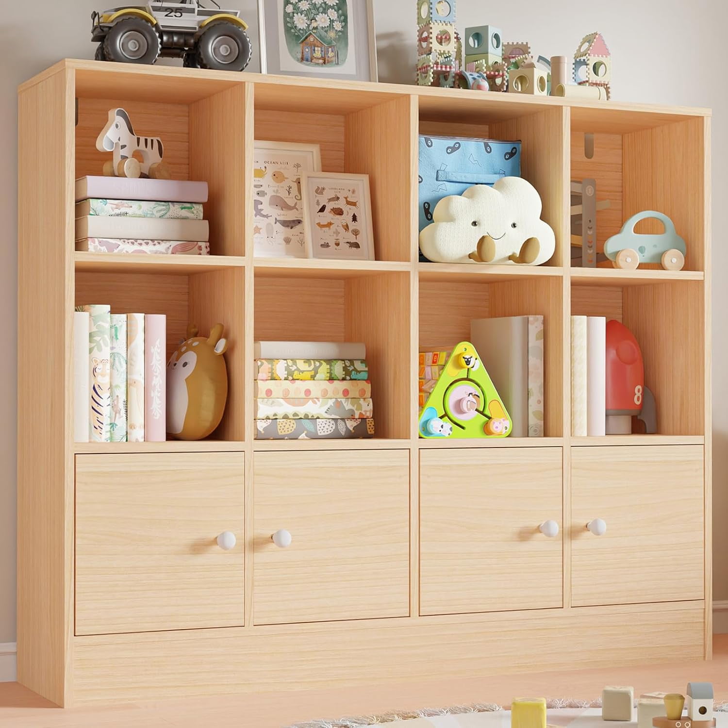 CYTROP Wood Bookcase,12 Cube Storage Organizer Bookshelf with 4 Doors,3 ...