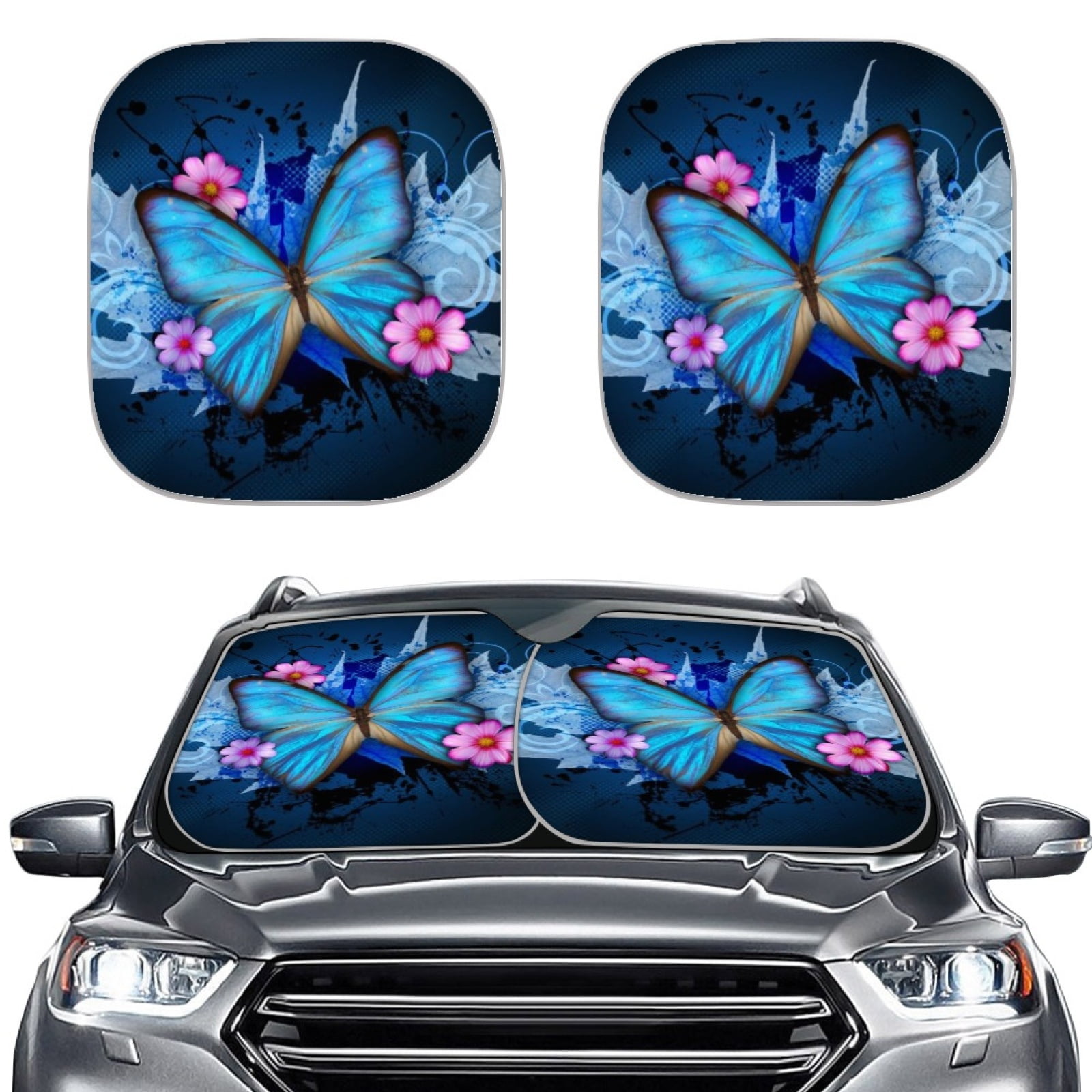 CYU SHOP 2-Piece Blue Butterfly Flower Windshield Sun Shade Auto Car ...