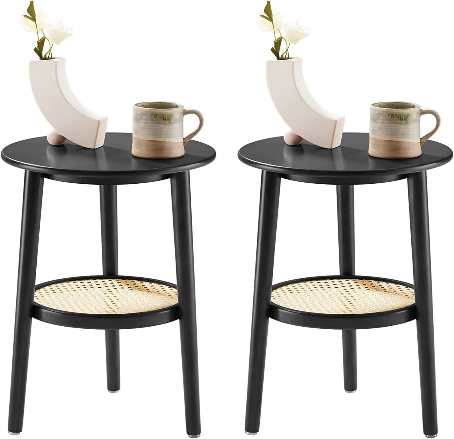 CYUIBIPO 2 Tier Round Side Table White Rattan Nightstand Bedside Table ...