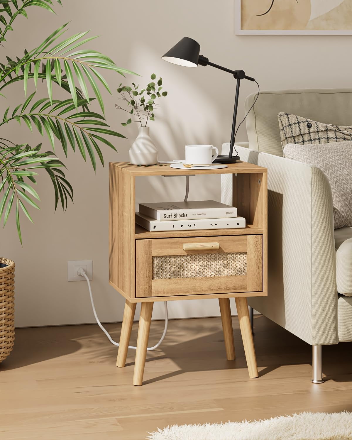 CYUIBIPO Rattan Nightstand with Charging Station Small Night Stand Side ...
