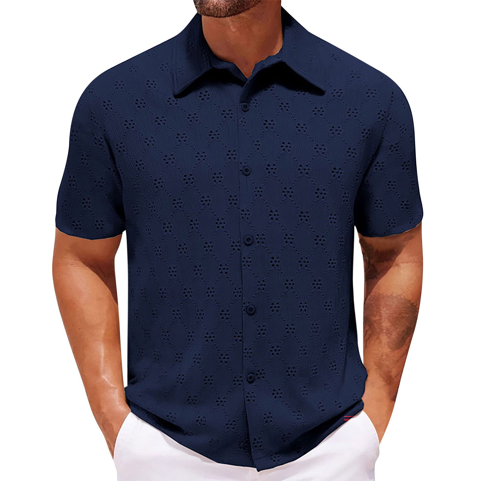 CYiJun George Mens Knit Button Down Shirt Summer Cotton Crochet Textured Polo Shirt Beach ...