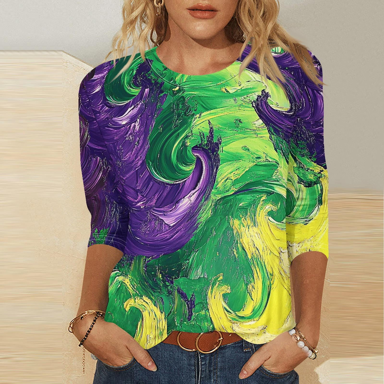 CYiJun Mardi Gras Clothing,Mardi Gras Color Block Crewneck,Breathable 3 ...