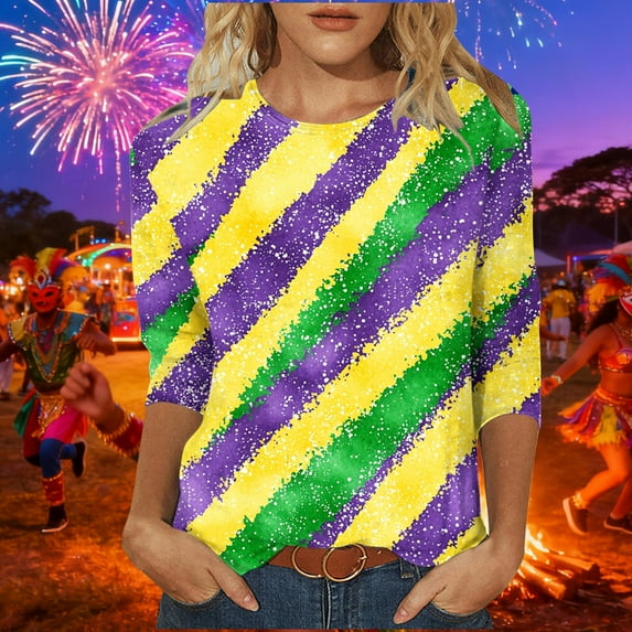 CYiJun Mardi Gras Clothing,Mardi Gras Color Block Crewneck,Breathable 3 ...