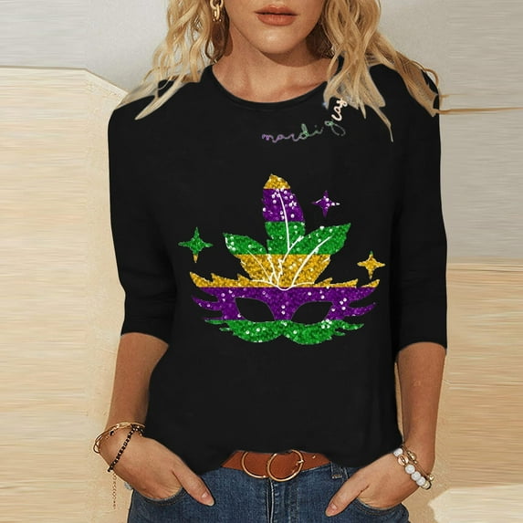 CYiJun Mardi Gras Clothing,Women's Mardi Gras Graphic Blouse,3/4 Sleeve ...