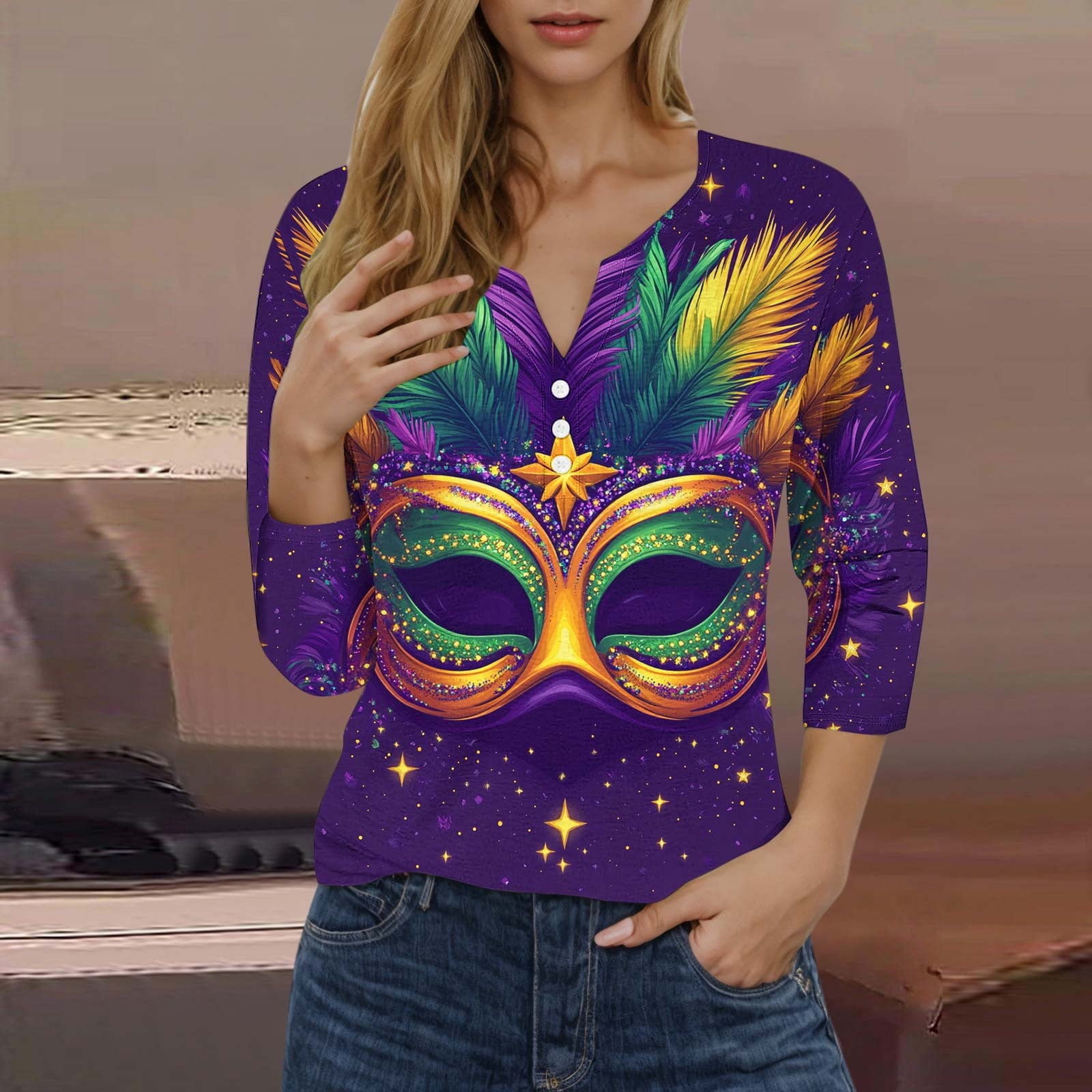 CYiJun Mardi Gras Shirts,Festival Crewneck Top 3/4 Sleeve,Vibrant Mardi ...