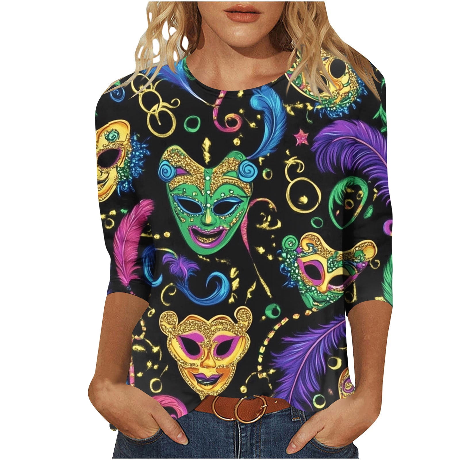CYiJun Mardi Gras Shirts,Women's Glitter Mardi Gras Blouse,3/4 Sleeve ...